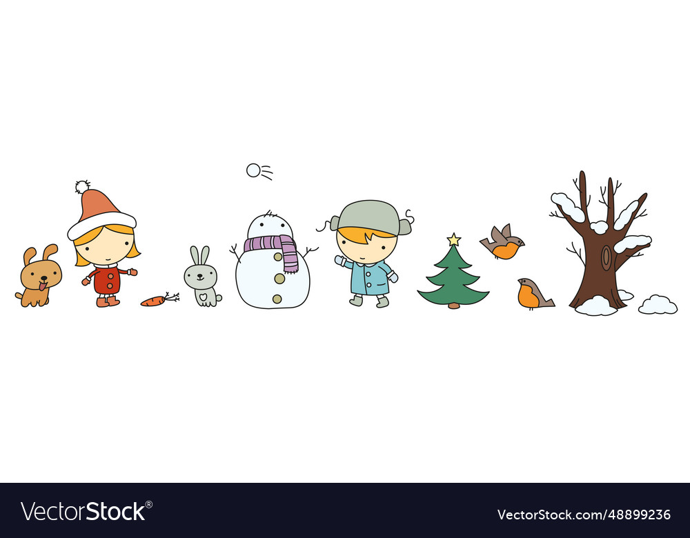 Winter set with children animals birds snowman Vector Image