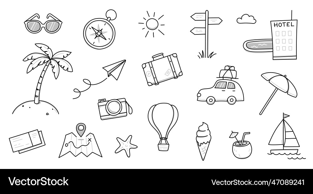 Summer travel vacation drawn set hand Royalty Free Vector