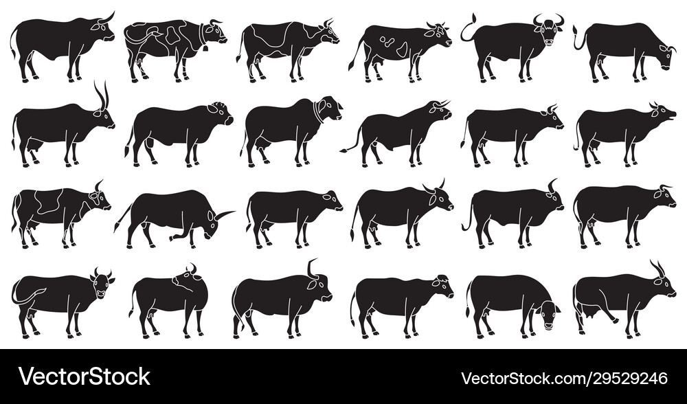 Cow animal black set iconisolated black Royalty Free Vector