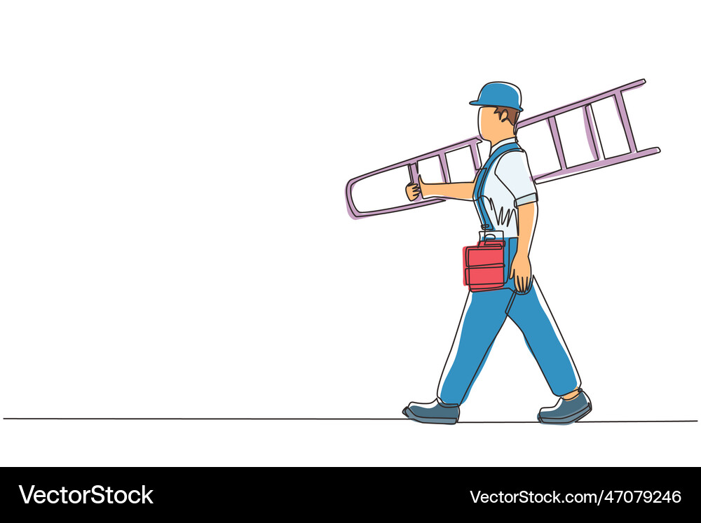 Single one line drawing repairman with ladder Vector Image