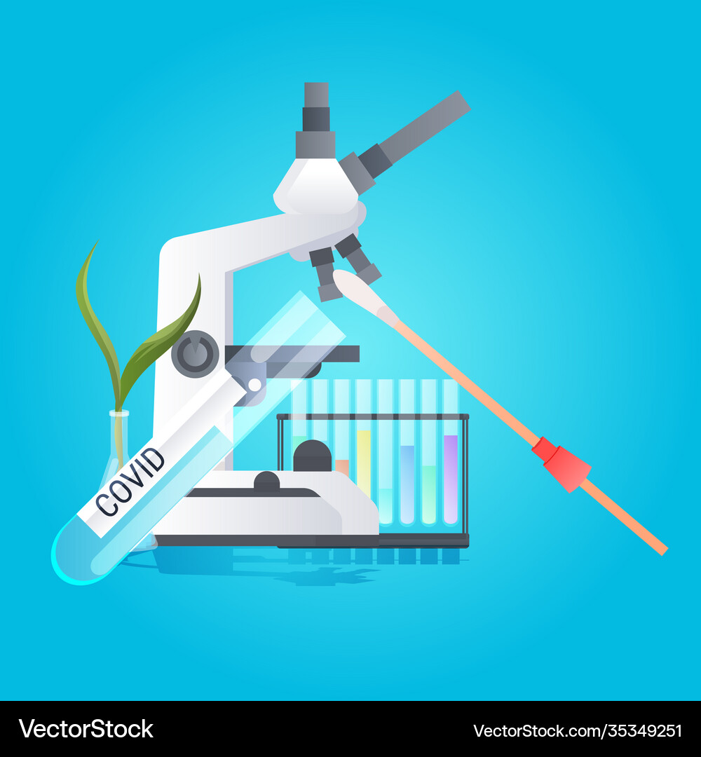 Microscope with flasks and nasal swab covid-19 Vector Image
