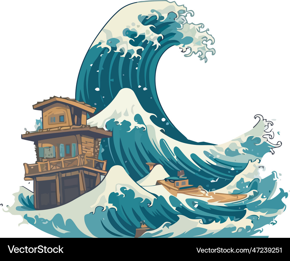 Tsunami natural disaster with big wave scene Vector Image