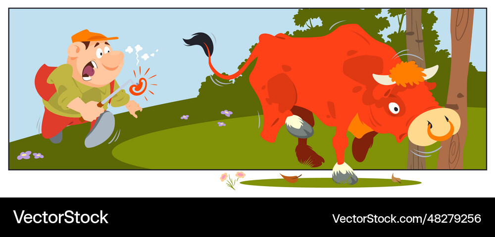 An runs after frightened bull for internet Vector Image