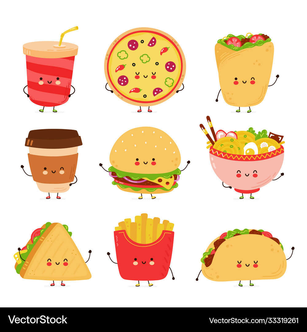 Cute happy fast food characters set Royalty Free Vector