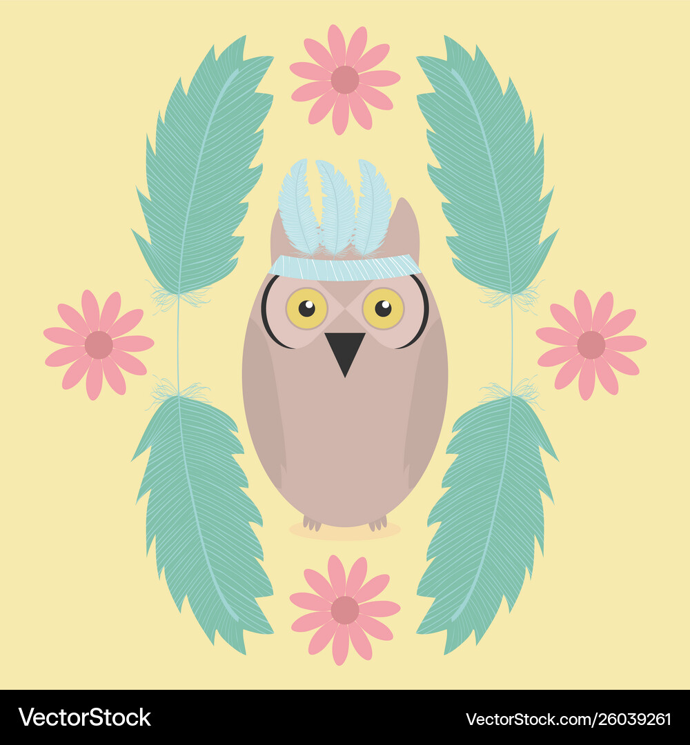Owl bird with feathers hat and flowers frame Vector Image