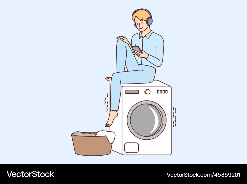 Smiling guy listen to music wait for laundry Vector Image