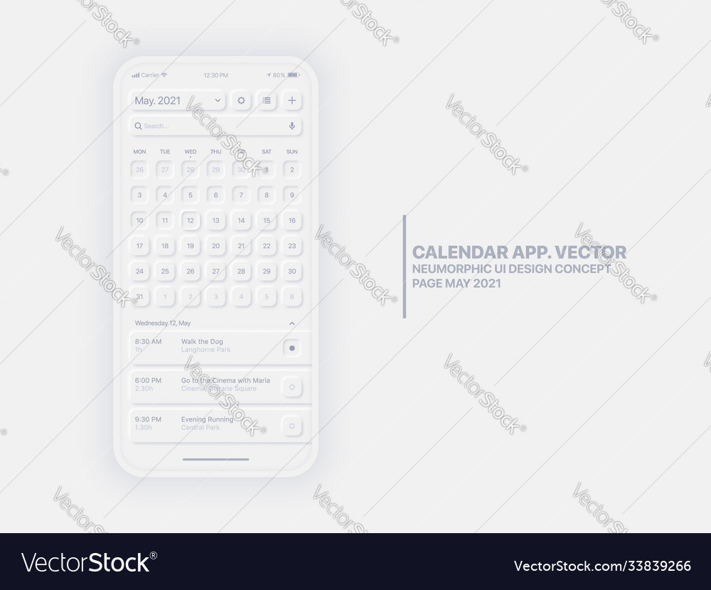 Calendar app may 2021 ui ux neumorphic design Vector Image
