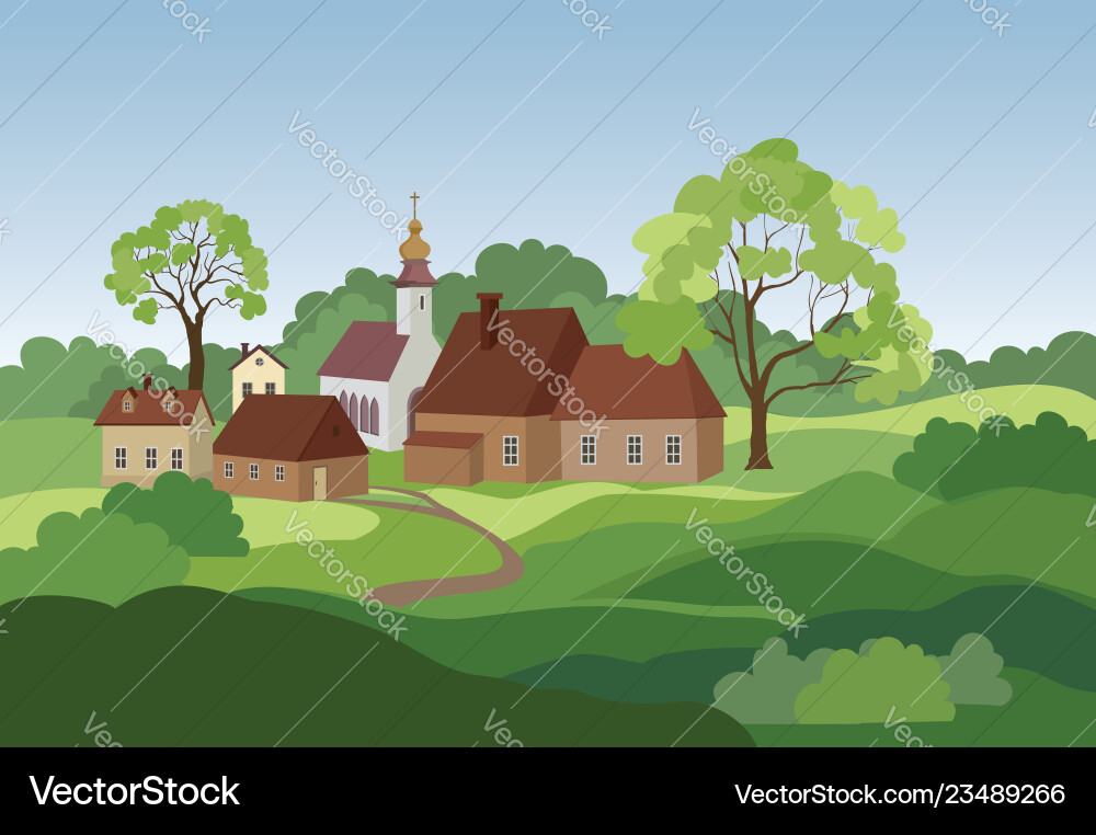 Rural landscape with hills fields trees Royalty Free Vector