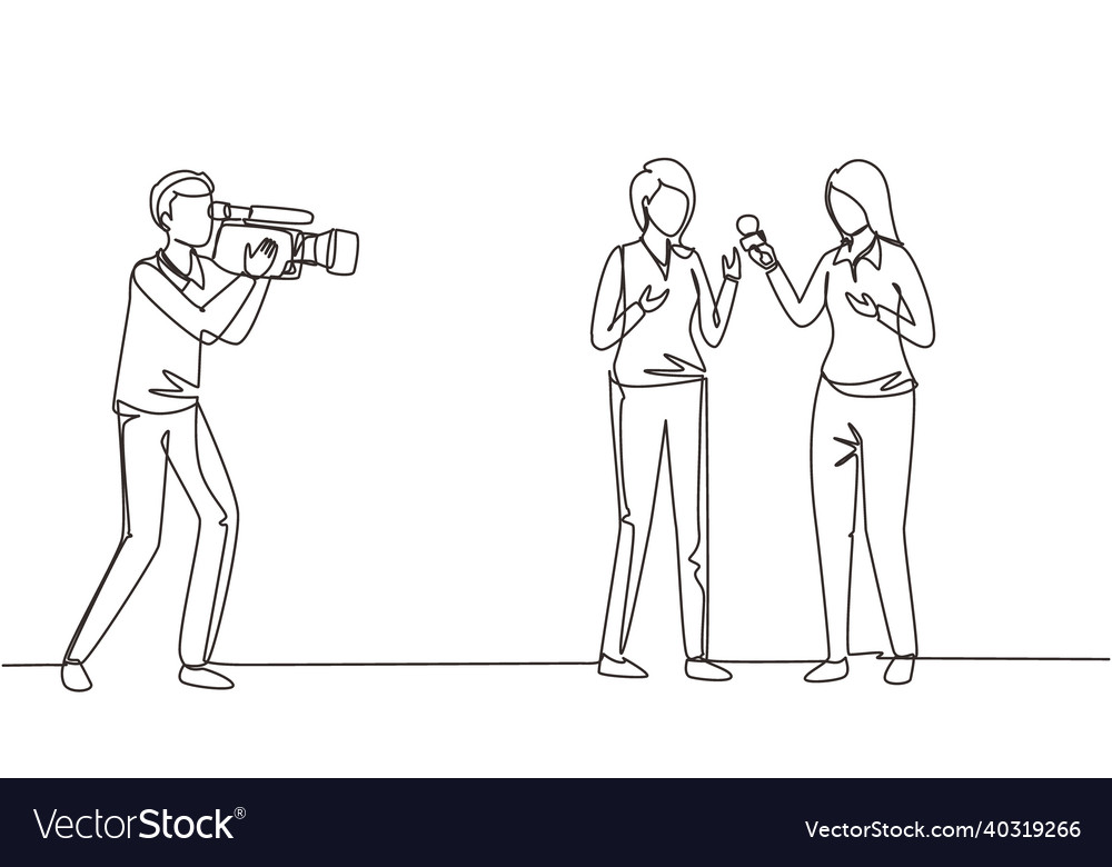 Single One Line Drawing Woman Journalist With Vector Image