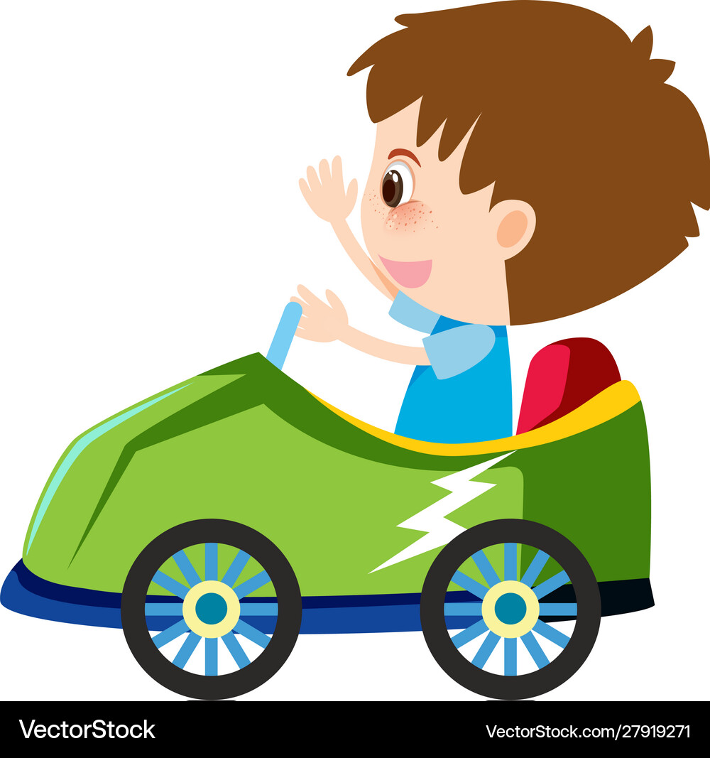 Single character boy in green car on white Vector Image