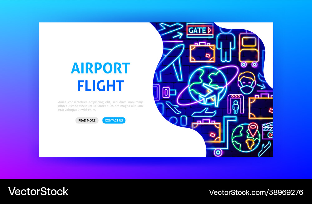 Airport flight neon landing page Royalty Free Vector Image