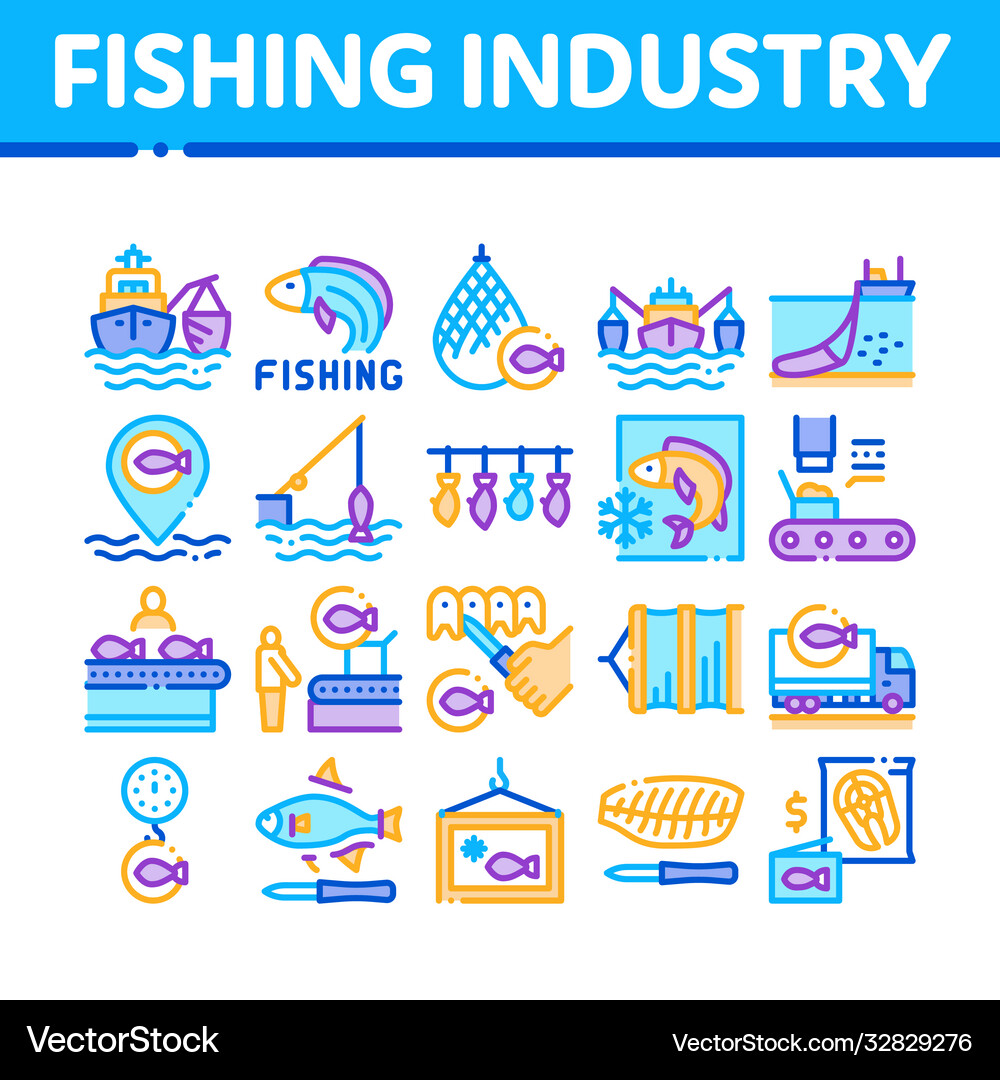 Fishing industry business process icons set Vector Image