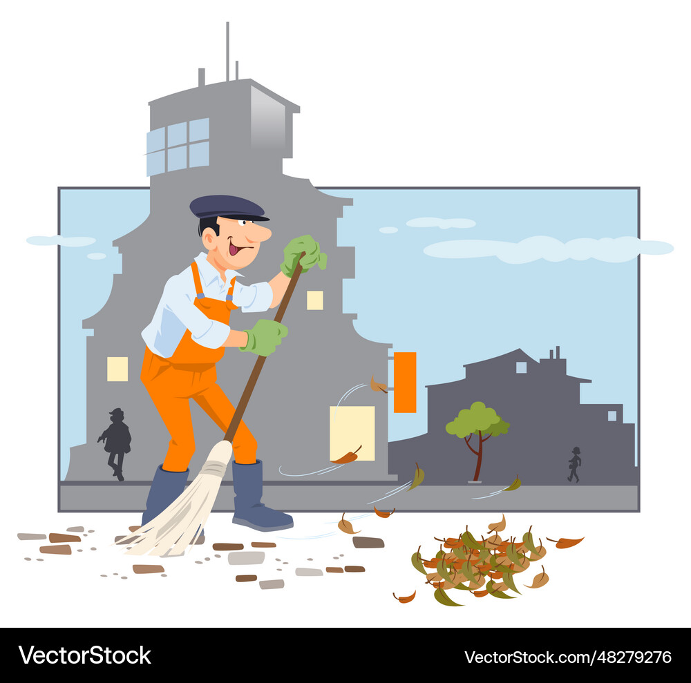 Man sweeps leaves autumn cleaning for internet Vector Image