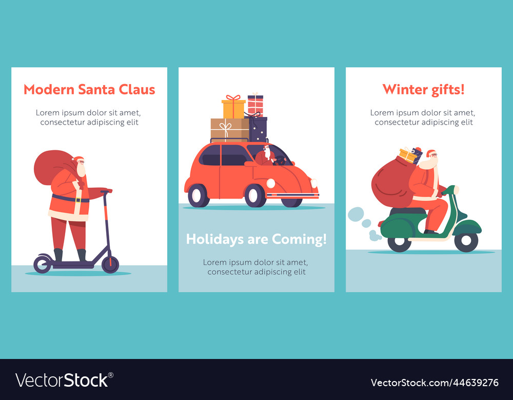 Santa deliver gifts on different transport cartoon Santa deliver gifts on different transport cartoon