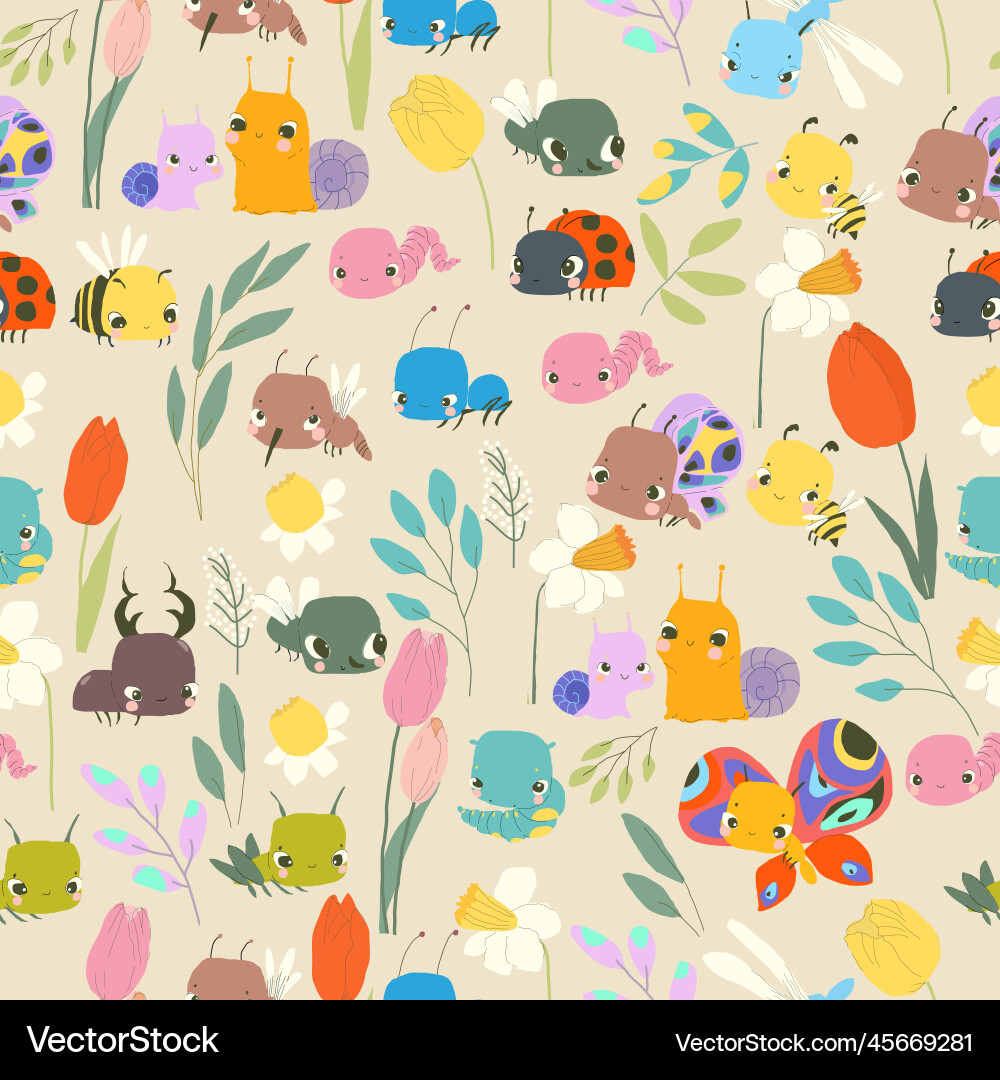 Seamless pattern with cute baby insects flowers Vector Image