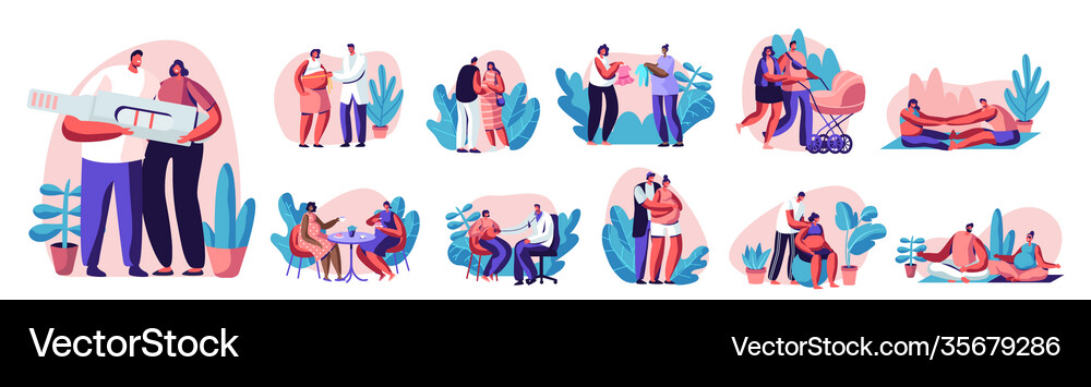 Set happy couples waiting baby and exercising Vector Image