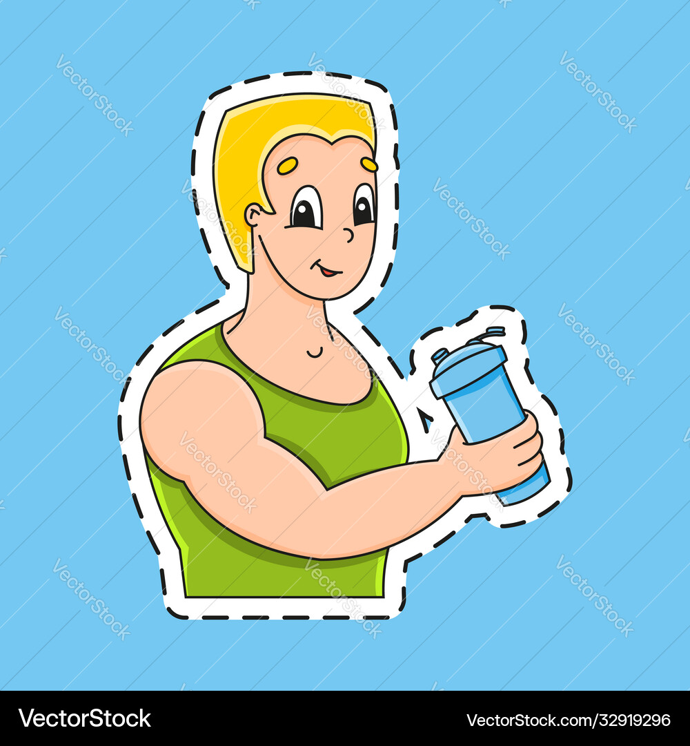 Sticker with contour strong smiling young man Vector Image