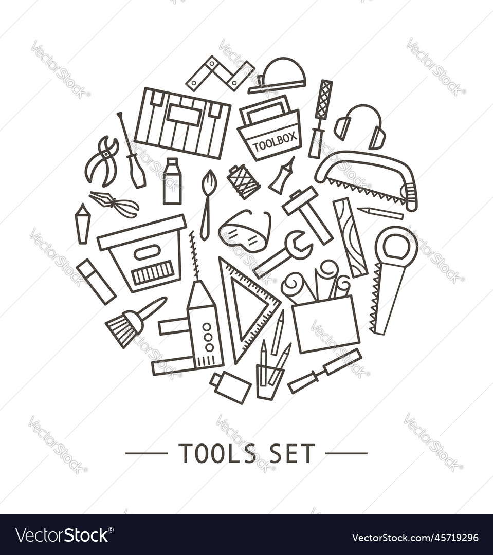 Tools icons set framed in circle flat linear Vector Image