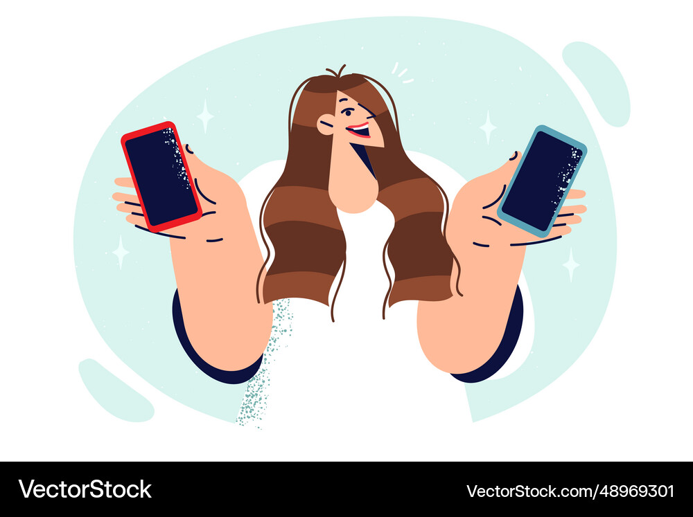 Woman with phones different models smiles Vector Image