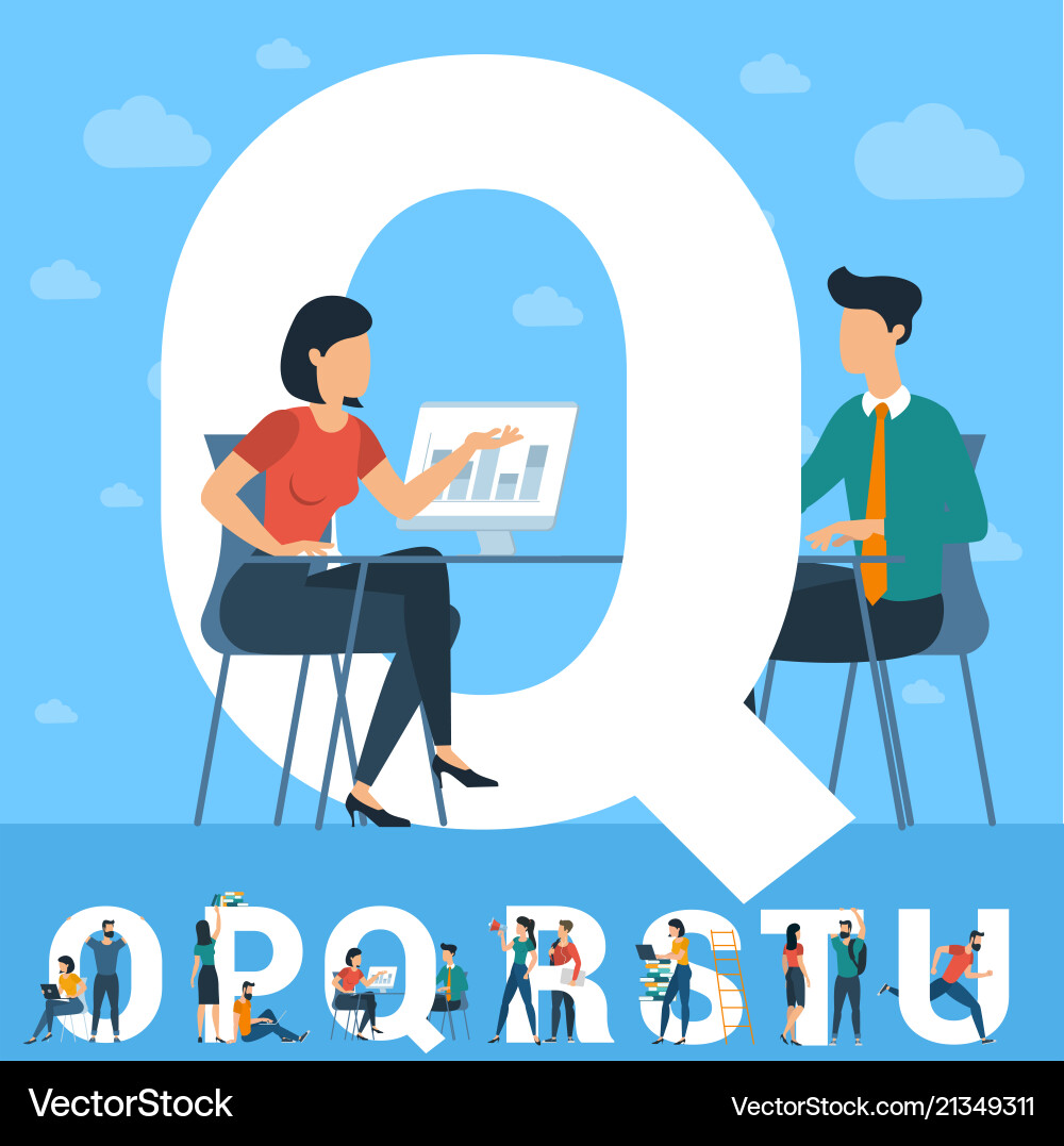 Big q letter white with young people Royalty Free Vector