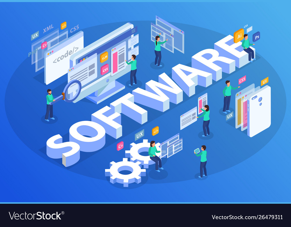 Isometric software development composition Vector Image