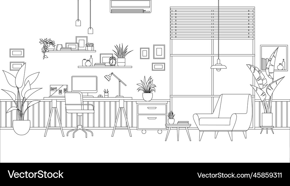 Modern home office interior line art style Vector Image