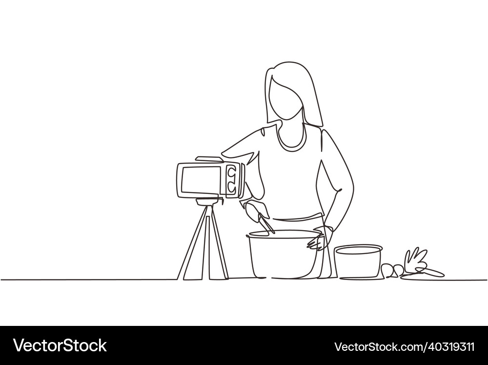 Single one line drawing woman in kitchen Vector Image