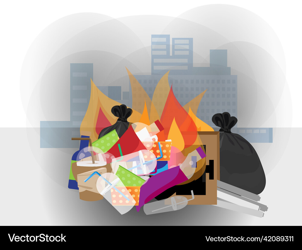 Urban plastic waste incineration flames burning Vector Image