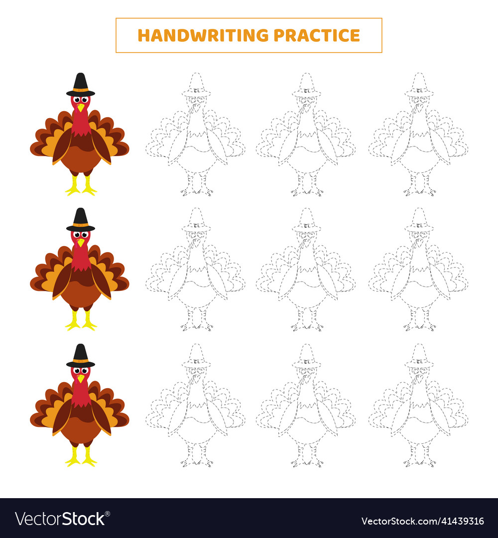 Handwriting practice for kids with cartoon turkey Vector Image