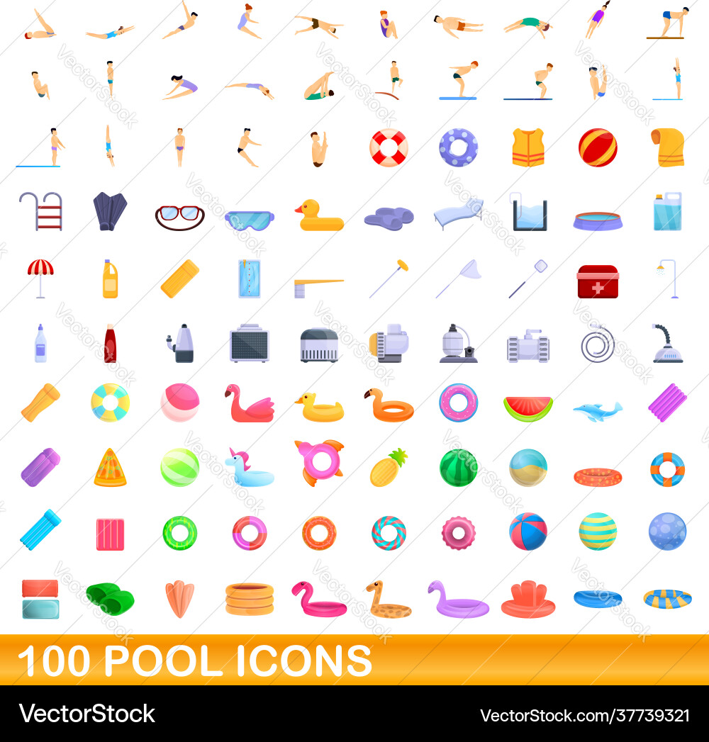 100 pool icons set cartoon style Royalty Free Vector Image