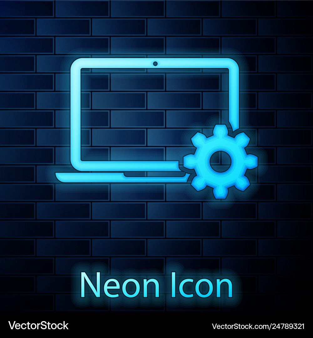Glowing neon laptop and gear icon on brick wall Vector Image