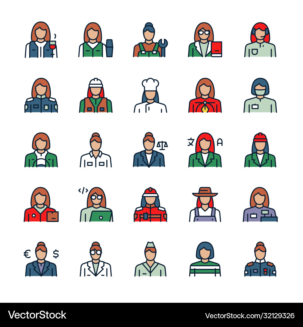 Color linear icon set workers women Royalty Free Vector