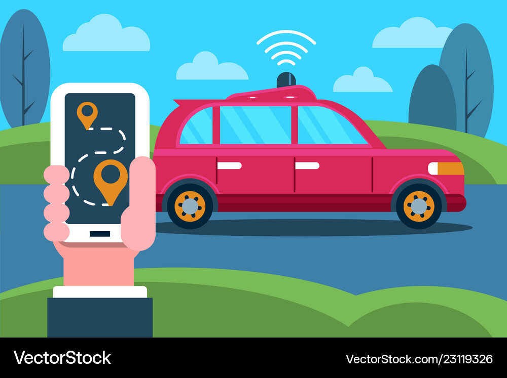 Self-driving car and hand with phone Royalty Free Vector