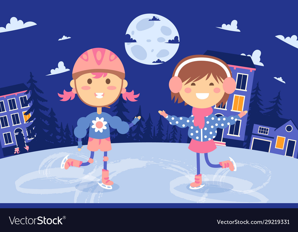 Ice skating children happy girls outdoor fun Vector Image