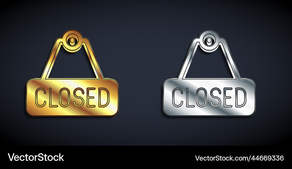 Gold and silver hanging sign with text closed icon