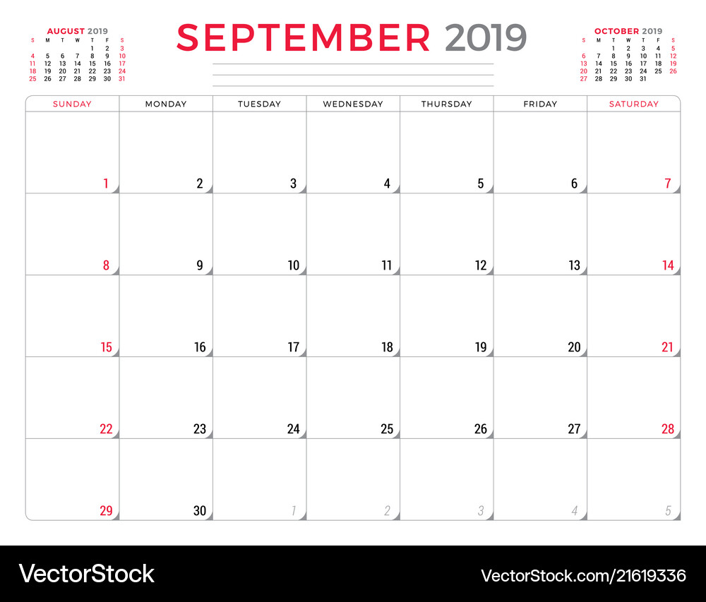 September 2019 calendar planner stationery design Vector Image