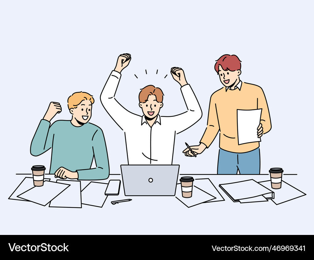 Excited colleagues celebrate work success Vector Image