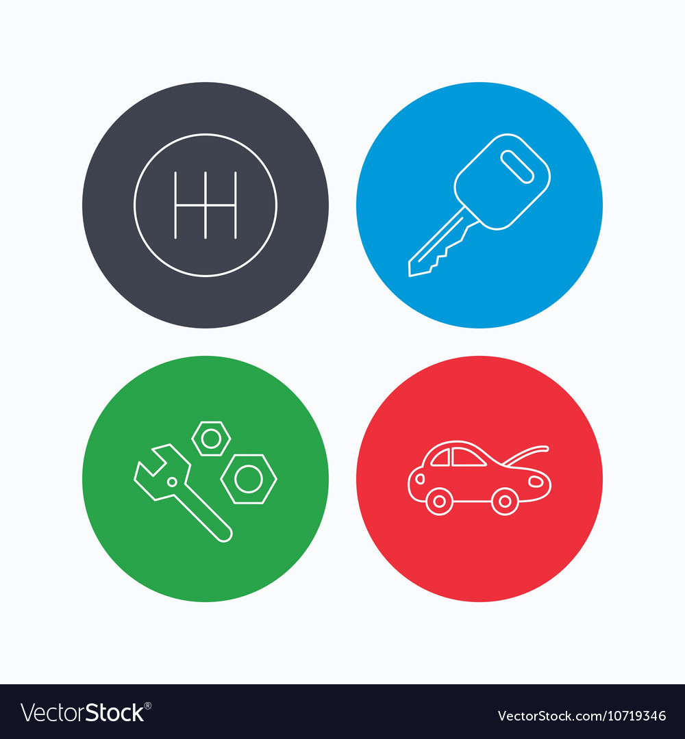 Car key repair tools and manual gearbox icons Vector Image