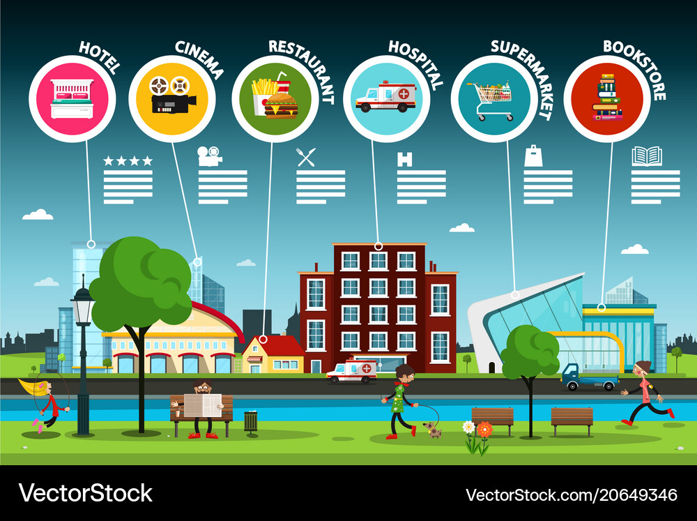 Flat design city park with public buildings Vector Image