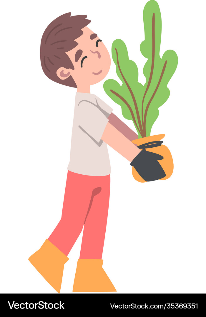 Boy carrying flower pot with seedling tree kid Vector Image