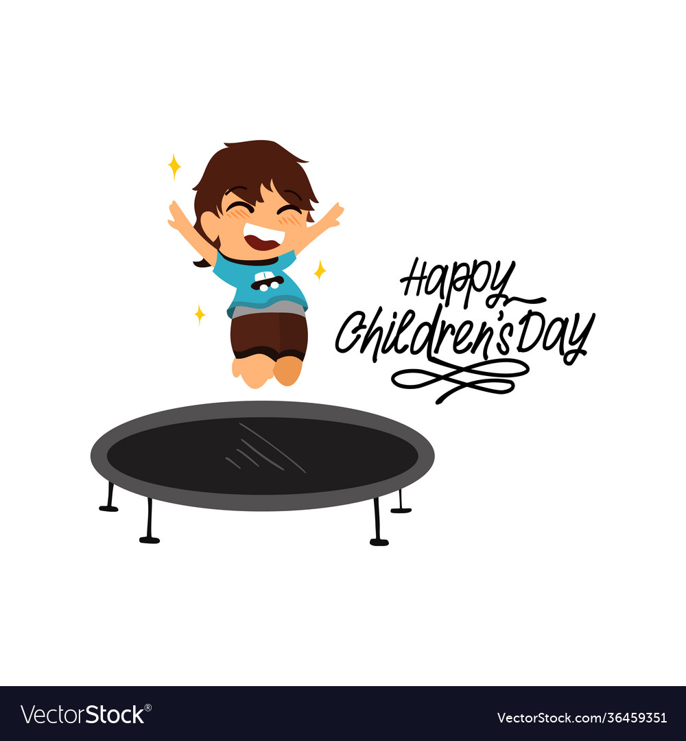 Happy cute kid smile jump on trampoline Royalty Free Vector