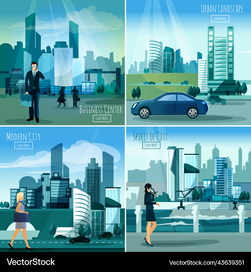 Modern cityscapes 4 flat icons square Royalty Free Vector
