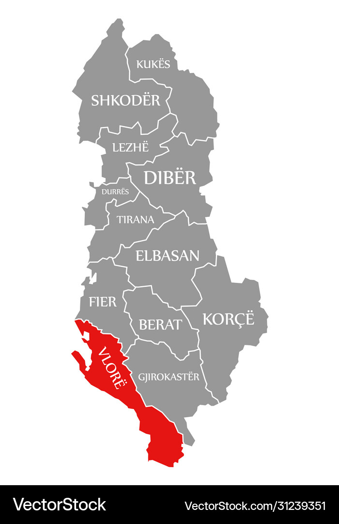 Vlore red highlighted in map albania Royalty Free Vector