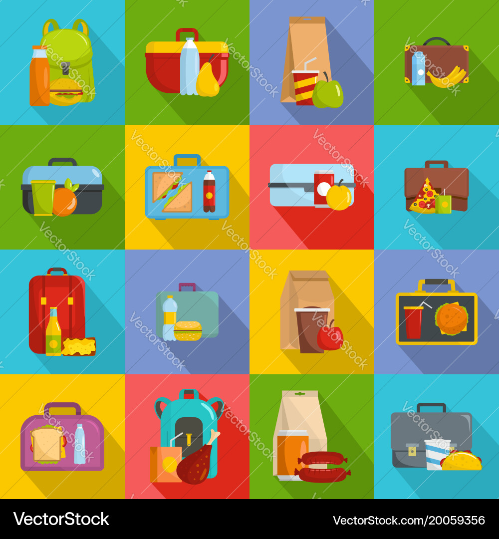 Lunchbox food icons set flat style Royalty Free Vector Image