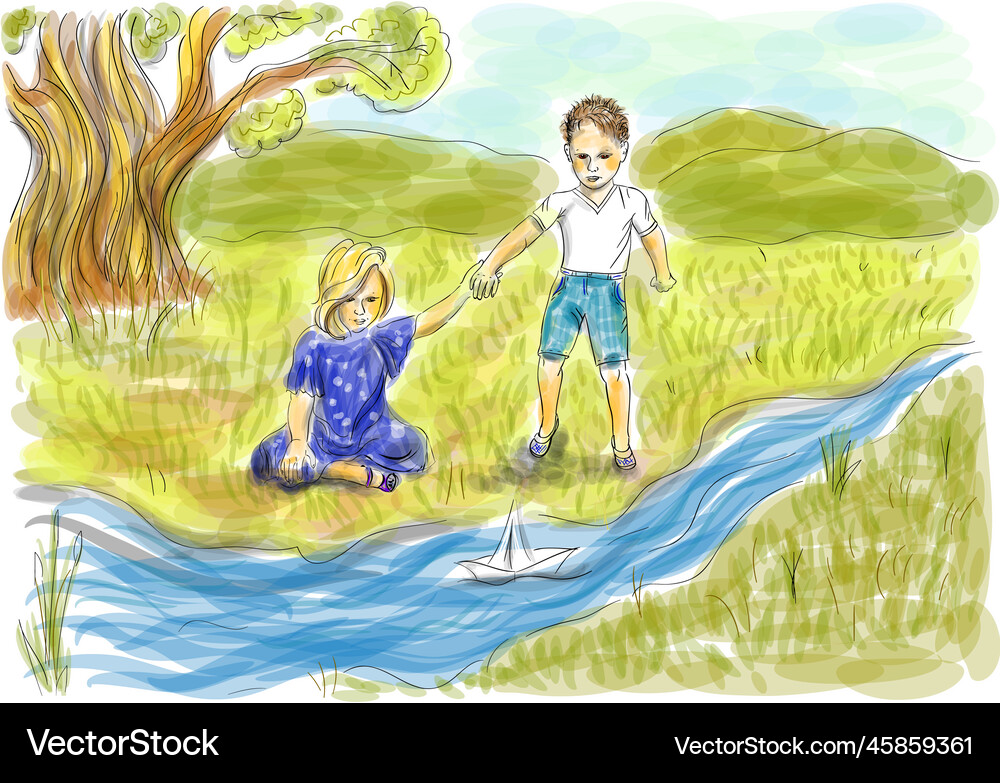 Children near the stream Royalty Free Vector Image