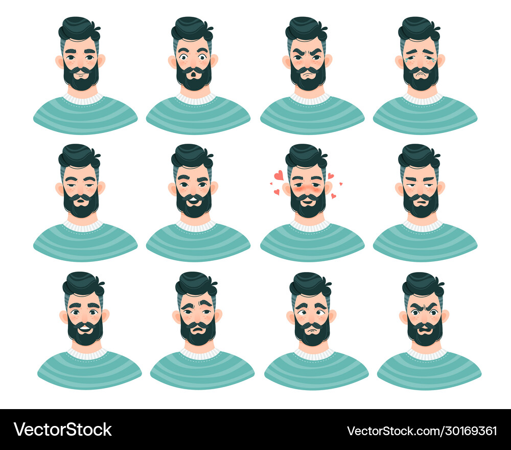 Large set male emoticons with bearded man Vector Image
