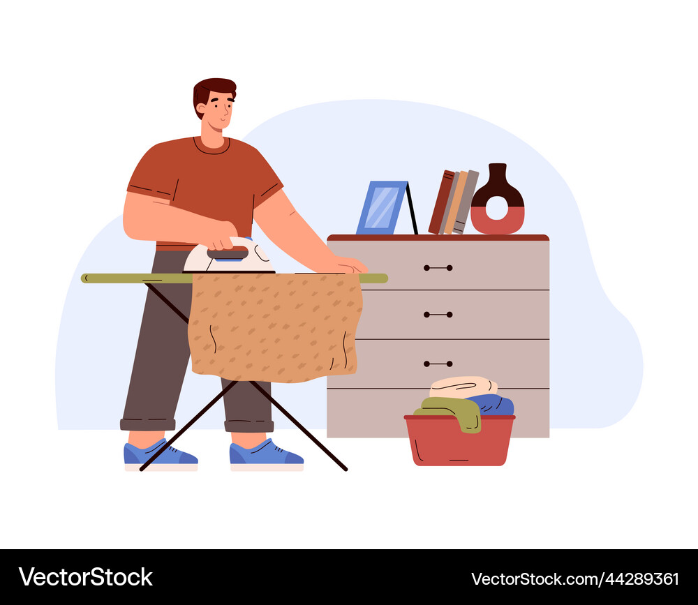 Man ironing clothes after laundry flat cartoon Vector Image
