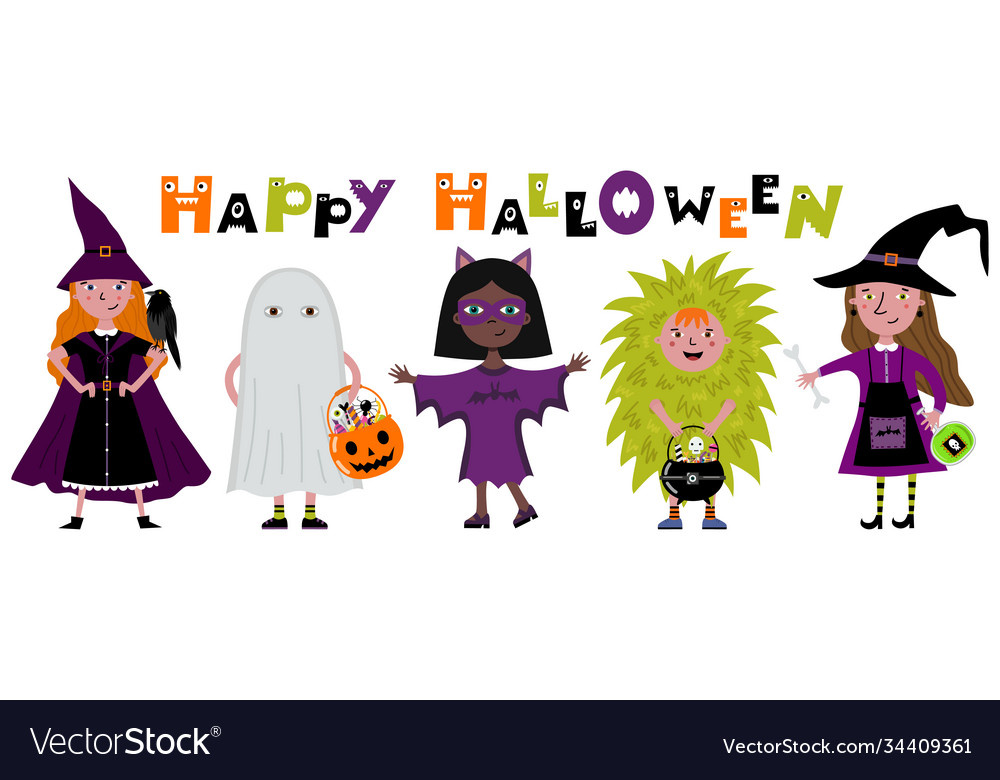 Set kids in halloween costumes trick or treat Vector Image