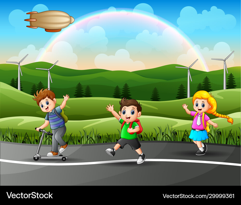Students is running to school together Royalty Free Vector