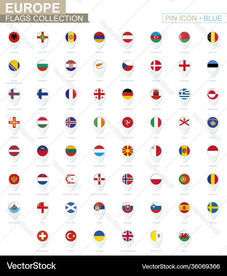 Europe flags collection big set blue pin icon Vector Image